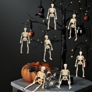 DULEFUN 8pcs Halloween Small Skeleton Glow in The Dark 6 Inch Luminous Mini Plastic Skeletons for Craft Halloween Hanging Décor Poseable Skeleton Toys Party Gifts Favors