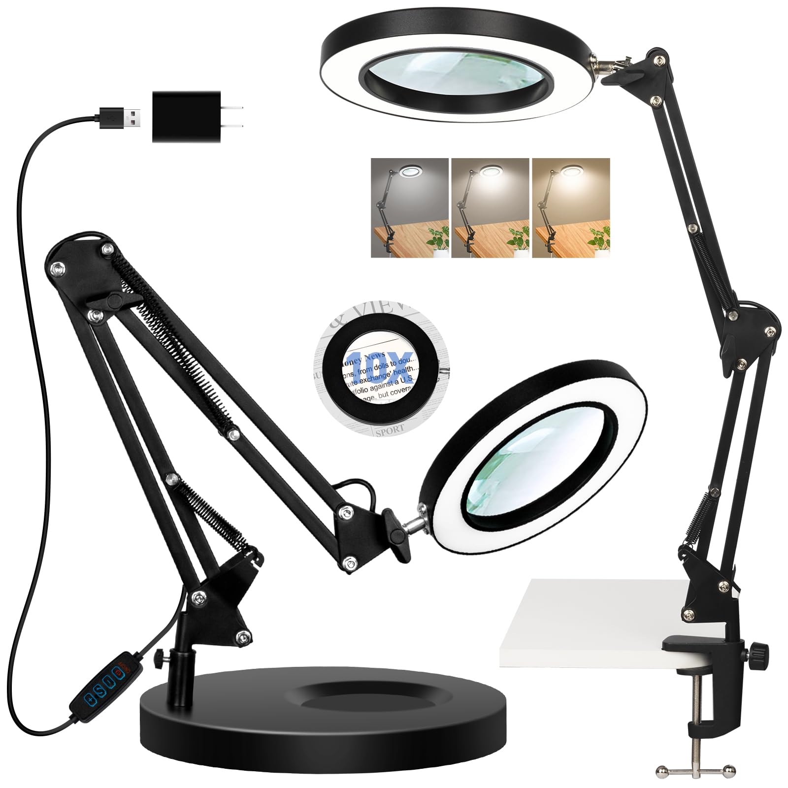 KMDES Magnifying Glass with Light and Stand, 10X Real Glass LED Magnifying Lamp, 3 Color Modes 10 Level Dimmable Lighted Magnifying Glass, 2-in-1 Magnifier Desk Lamp & Clamp for Reading Crafts Repair