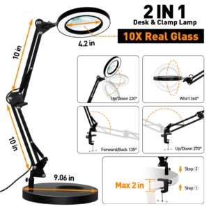 KMDES Magnifying Glass with Light and Stand, 10X Real Glass LED Magnifying Lamp, 3 Color Modes 10 Level Dimmable Lighted Magnifying Glass, 2-in-1 Magnifier Desk Lamp & Clamp for Reading Crafts Repair