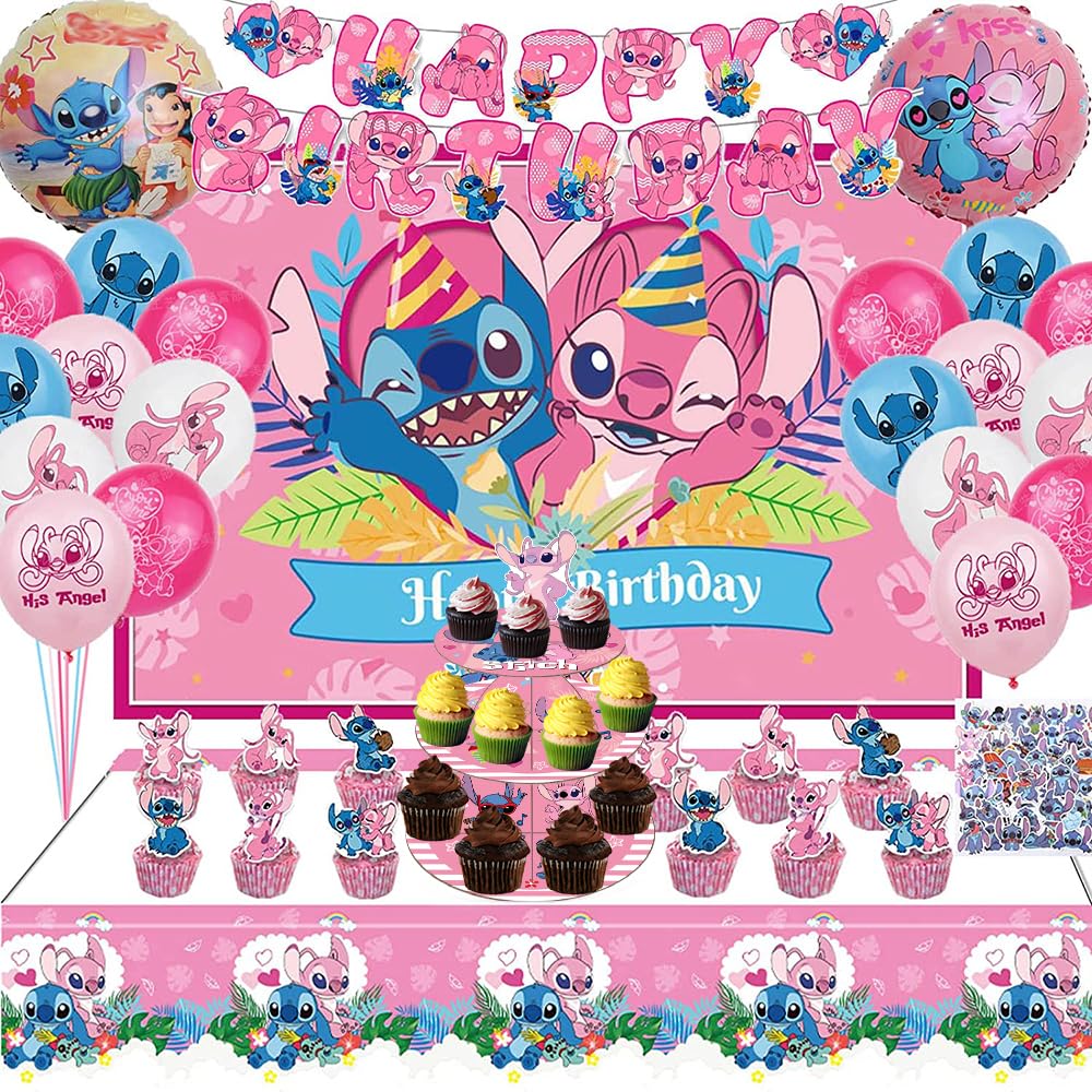 Stitch Birthday Decorations, 3 Tier Pink Cake Stands for Party, Lilo and Stitch Party Supplies Cupcake Holder, Boys Girls Birthday Baby Shower Party Supplies