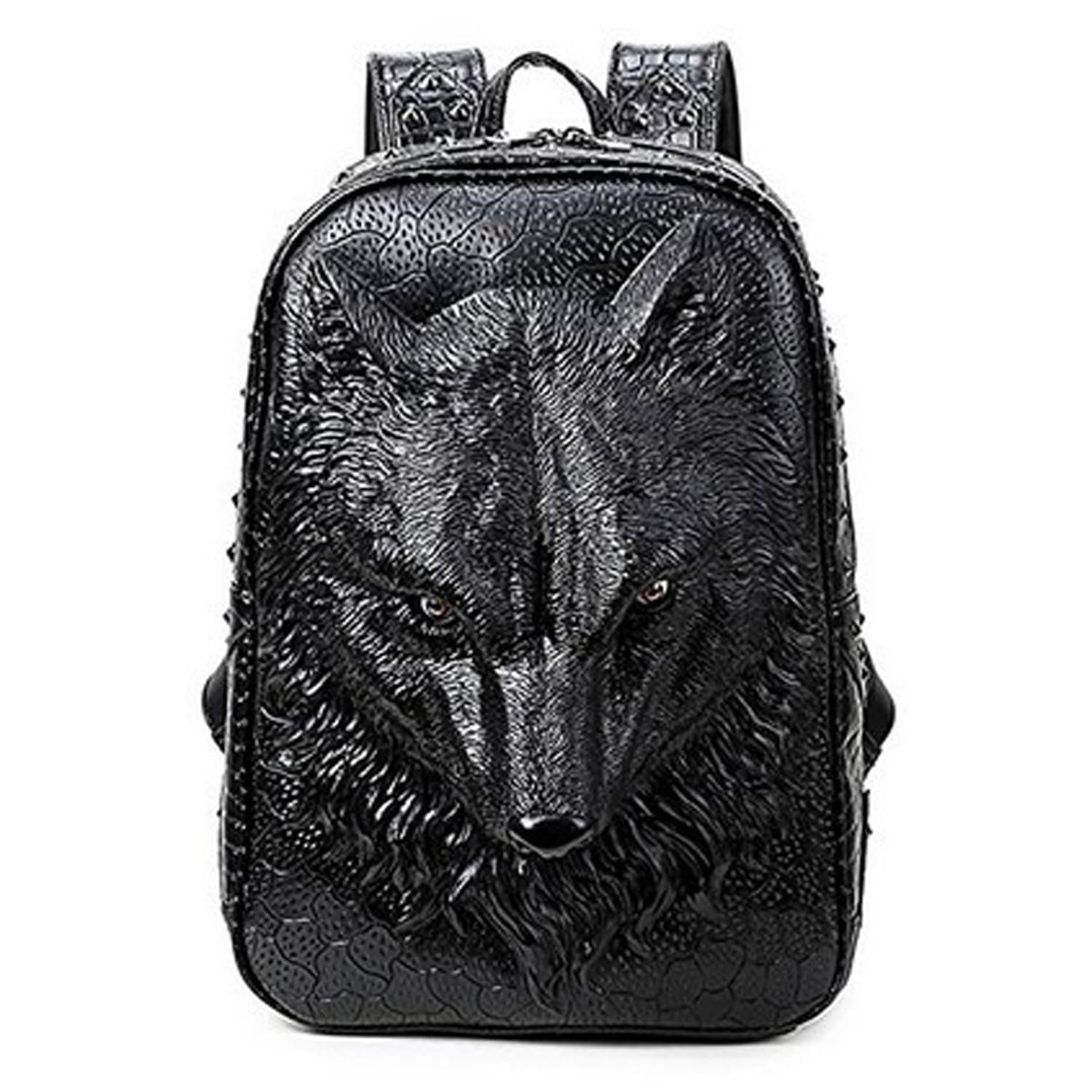 seamand Personalized 3D Lion PU Leather Casual Laptop Backpack for Men Durable Travel Daypack (Wolf)