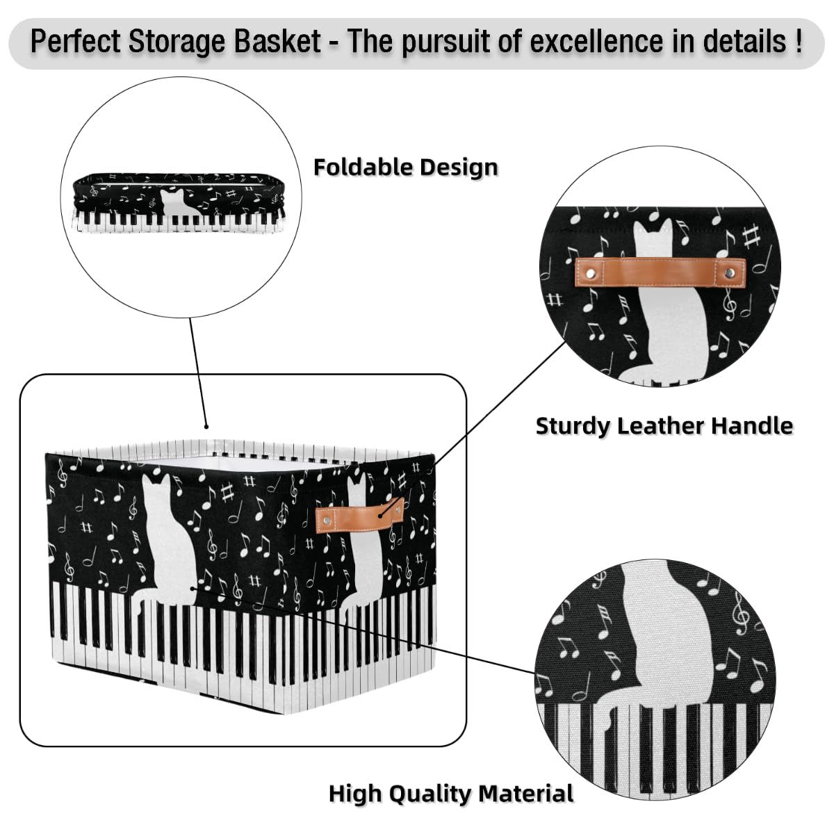 Funky Qiu Storage Basket Cube Music Note Cat Piano Large Toys Storage Box Bin with Handle Collapsible Closet Shelf Cloth Organizer for Nursery Bedroom,15x11x9.5 in,1 Pack