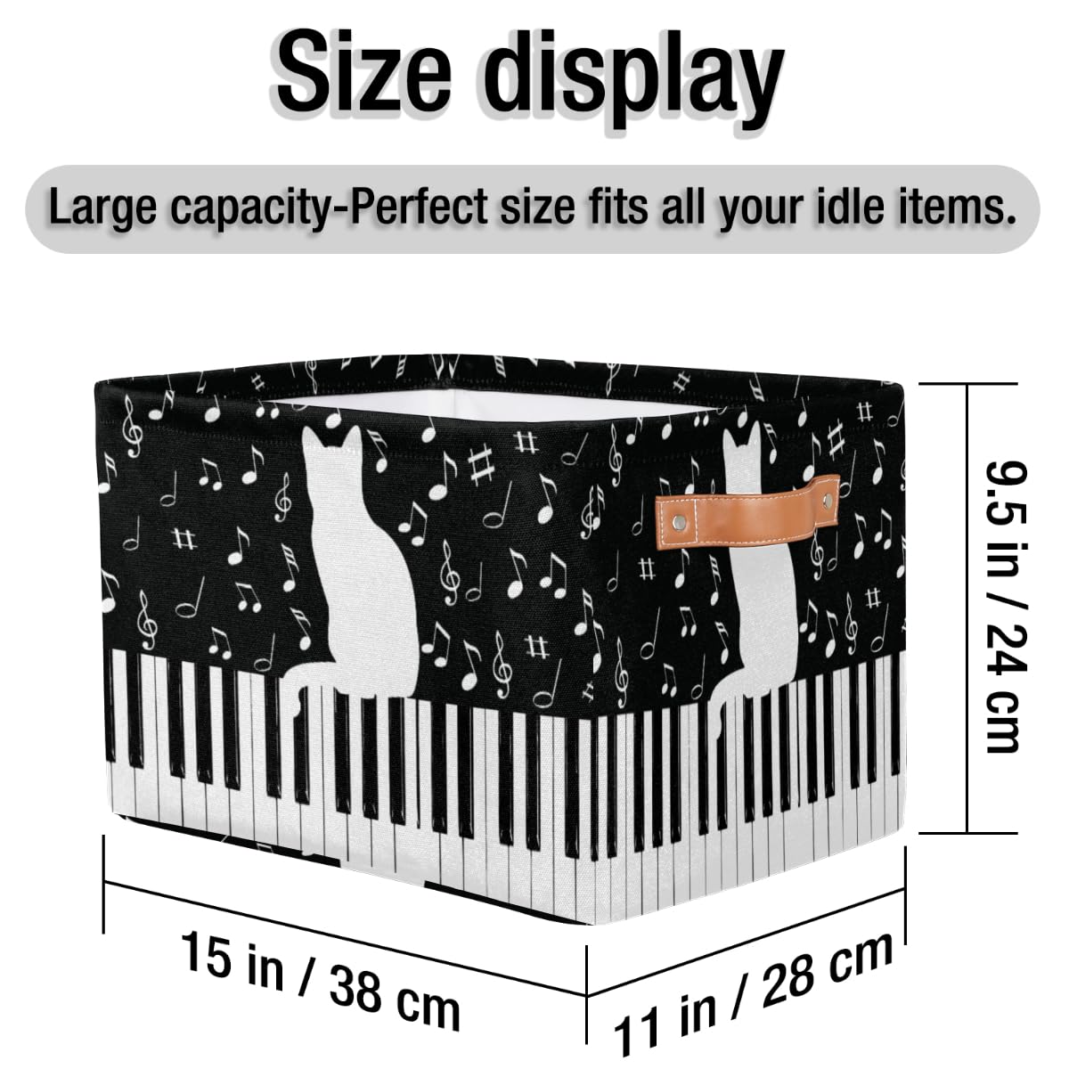 Funky Qiu Storage Basket Cube Music Note Cat Piano Large Toys Storage Box Bin with Handle Collapsible Closet Shelf Cloth Organizer for Nursery Bedroom,15x11x9.5 in,1 Pack