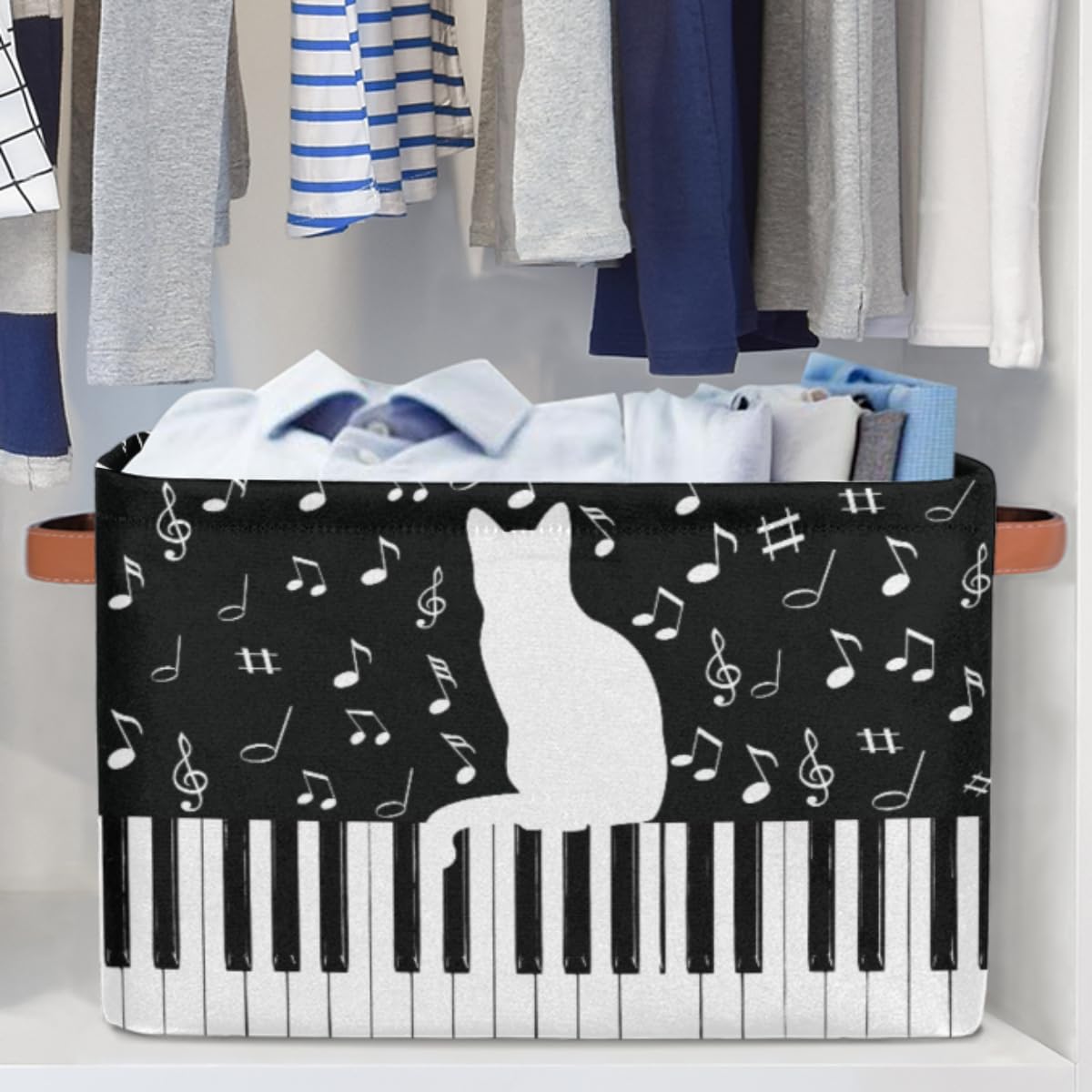 Funky Qiu Storage Basket Cube Music Note Cat Piano Large Toys Storage Box Bin with Handle Collapsible Closet Shelf Cloth Organizer for Nursery Bedroom,15x11x9.5 in,1 Pack