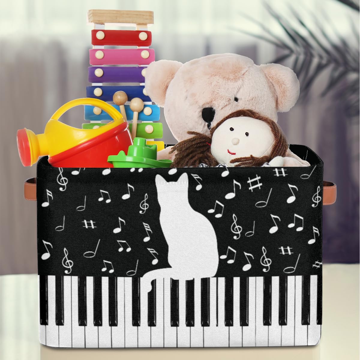 Funky Qiu Storage Basket Cube Music Note Cat Piano Large Toys Storage Box Bin with Handle Collapsible Closet Shelf Cloth Organizer for Nursery Bedroom,15x11x9.5 in,1 Pack