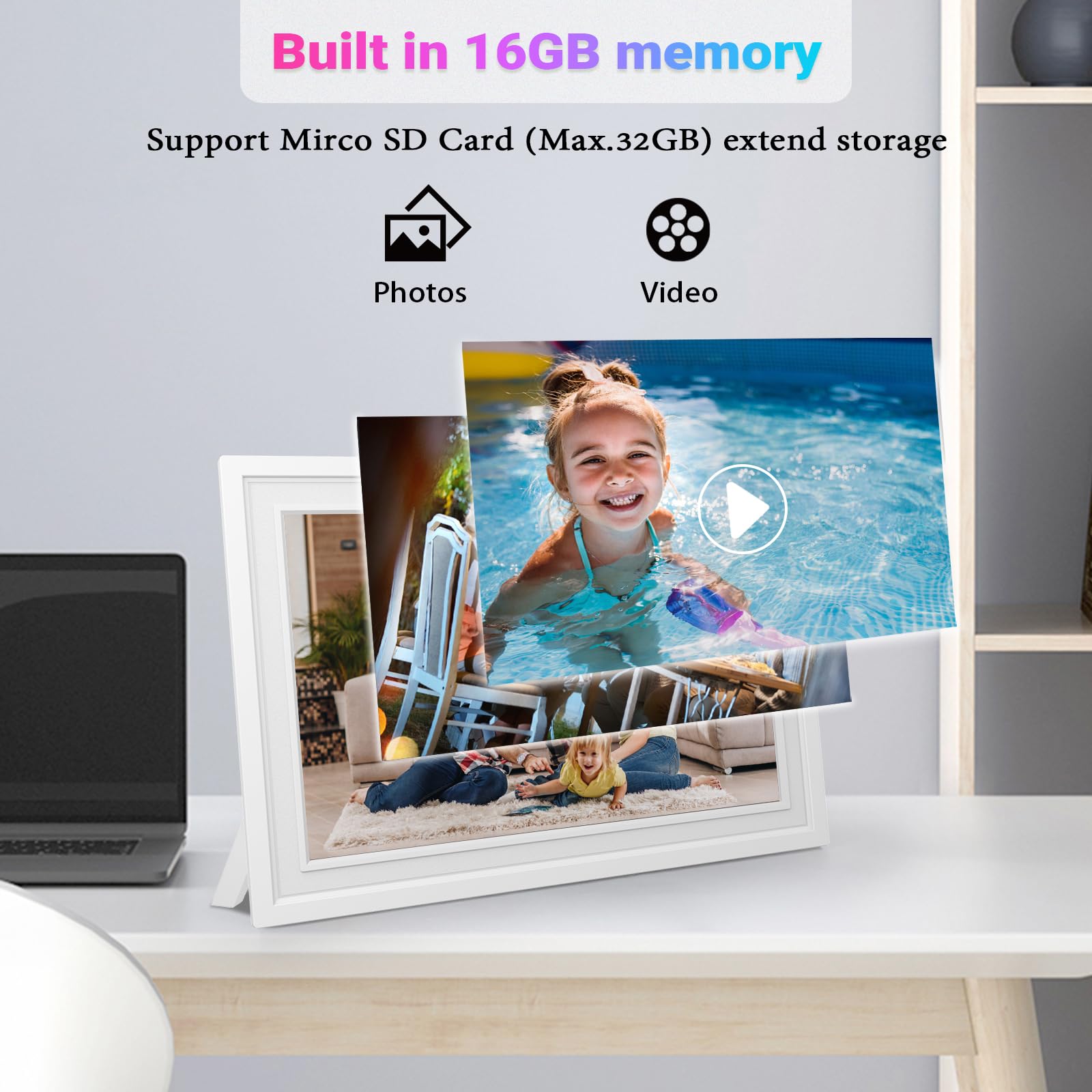 YEMSD 10.1" WiFi Digital Picture Frame, Auto-Rotate, 1280x800 HD IPS Touchscreen Digital Photo Frame, 16GB Memory, Wall Mountable, Share Photos/Videos via Frameo APP, Gift for Friends and Family-White