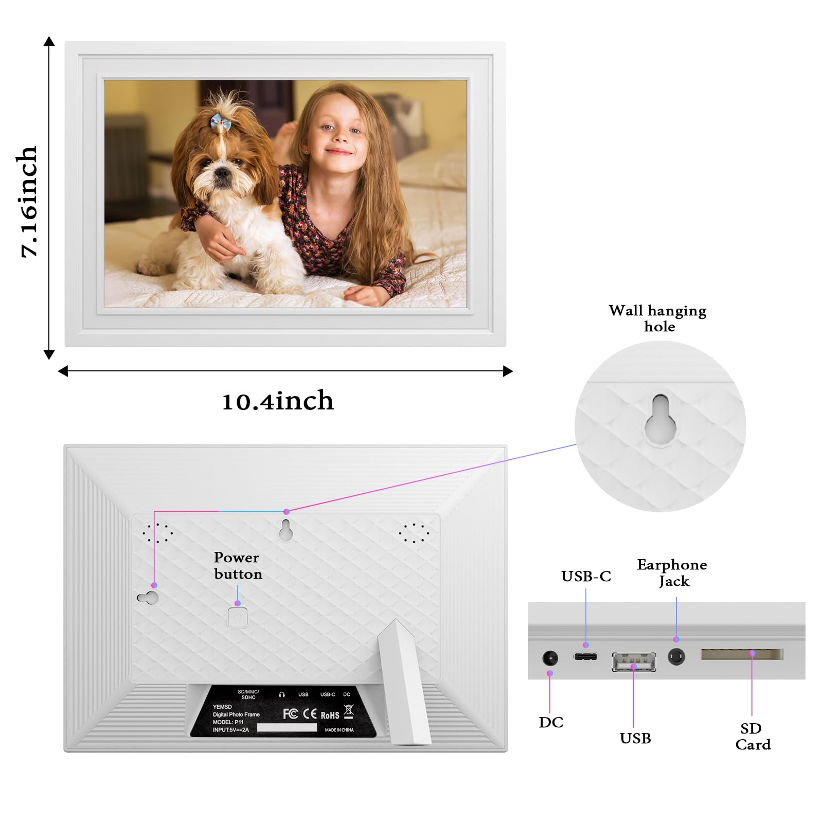 YEMSD 10.1" WiFi Digital Picture Frame, Auto-Rotate, 1280x800 HD IPS Touchscreen Digital Photo Frame, 16GB Memory, Wall Mountable, Share Photos/Videos via Frameo APP, Gift for Friends and Family-White