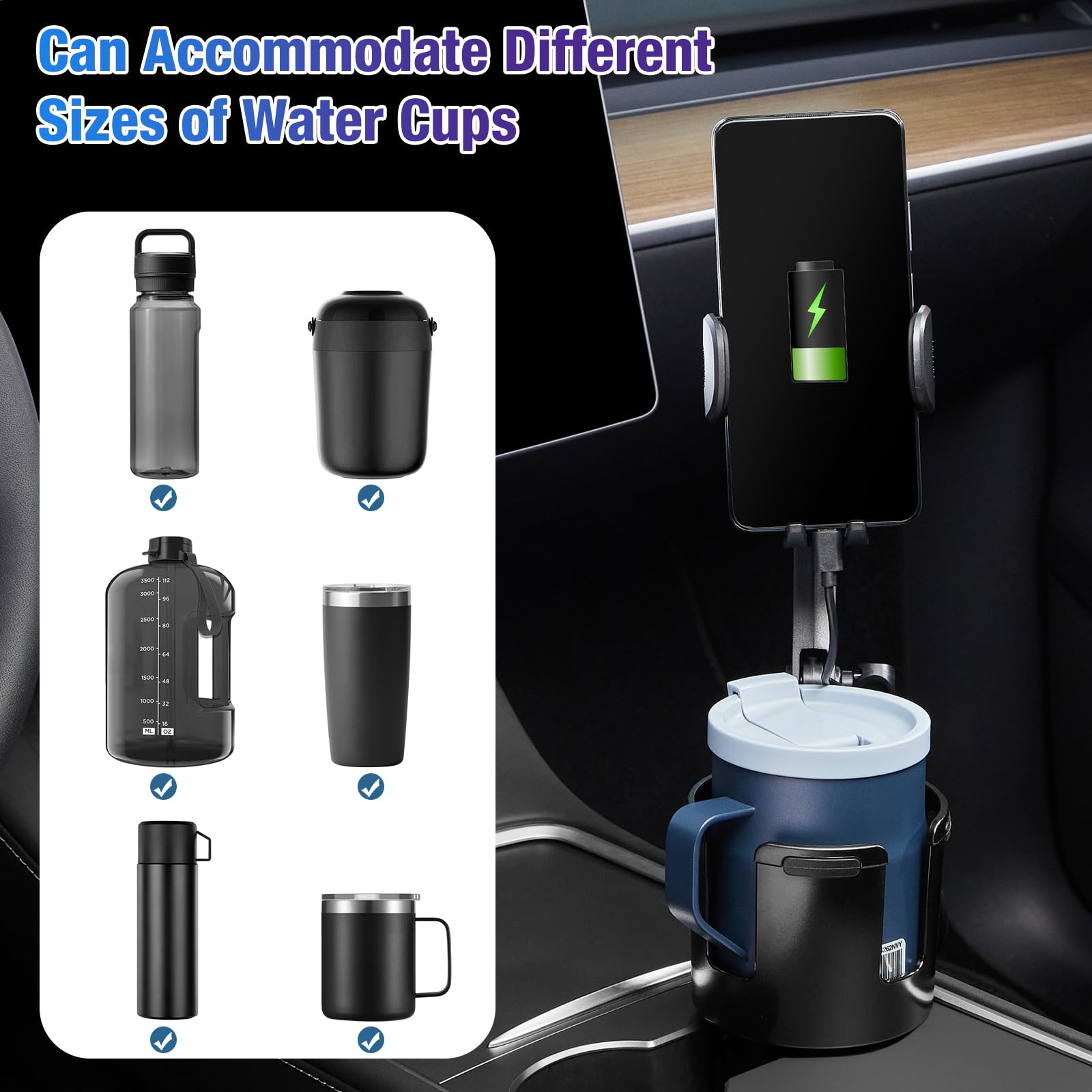 THIS HILL 3-in-1 Car Wireless Charger Cup Holder, Upgrade 15W Charging, Car Cup Holder Phone Mount with Adjustable Base & 360° Rotation Compatible for All Smartphones(with Car Adapter)