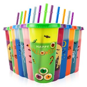 aurotops 12pcs halloween color changing cups with lids and straws for halloween decorations, 24 oz reusable plastic tumblers bulk for adults kids, halloween party supplies gift