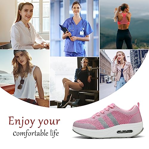 Lymeral Womens Walking Tennis Shoes, Slip On, Air Cushion,Mesh Upper, Lace Up Sport Shoes for Women, Pink, 8