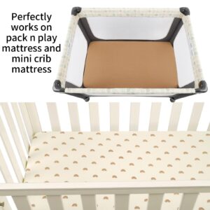 Muslin Pack n Play Sheets Soft Breathable 100% Cotton Mini Crib Fitted Sheets Portable/Convertible Playard Mattress Cover 2 Pack for Baby Boy and Girl, Natural and Rainbow