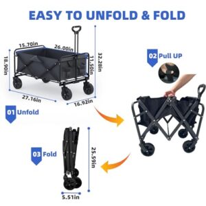 Collapsible Foldable Wagon Cart with All Terrain Solid Wheels, Heavy Duty Folding Utility Grocery Wagon with 300lbs Weight Capacity Portable Garden Cart for Shopping,Sports,Fishing,Beach,Black