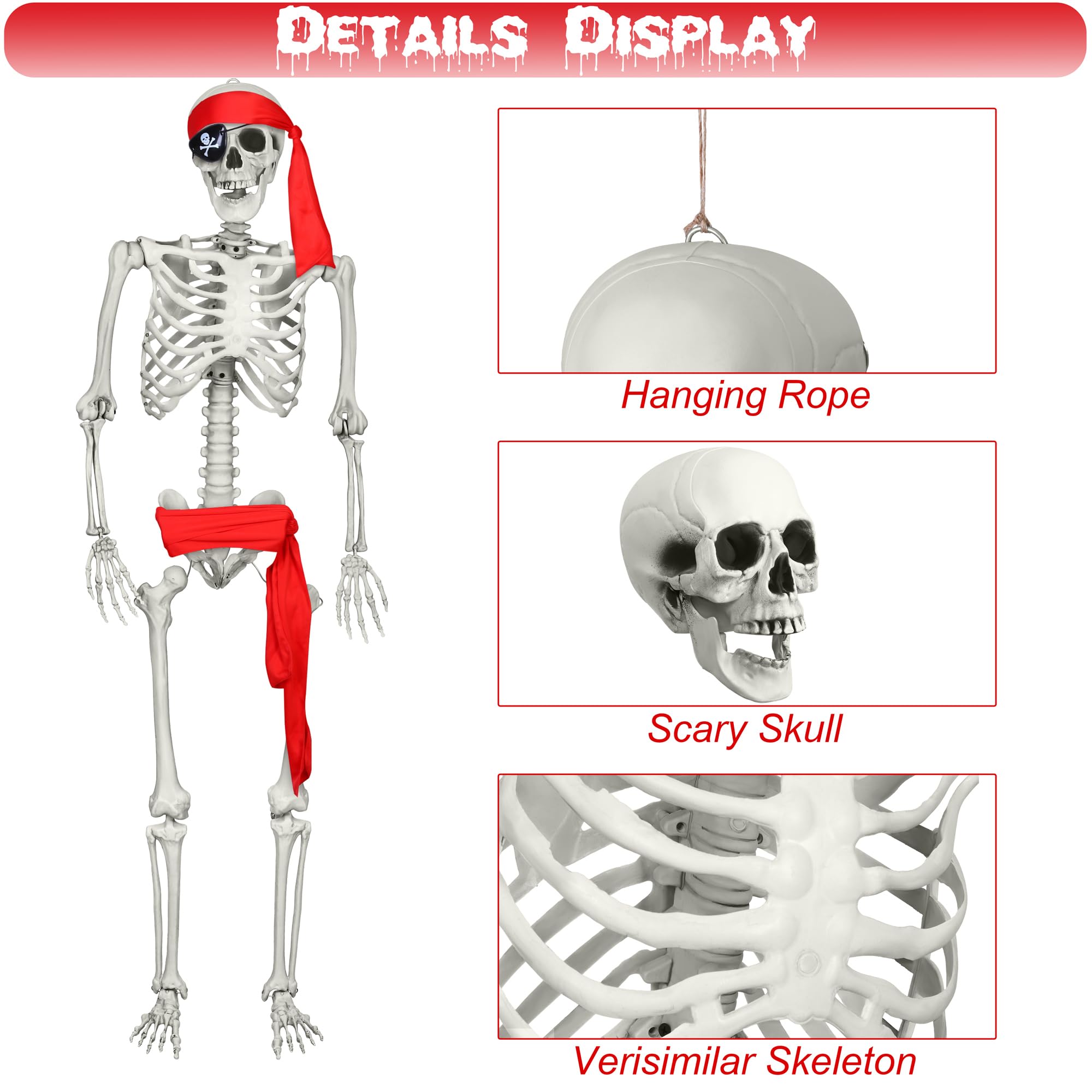 Fovths 5.4Ft/165 cm Pre-Assembled Halloween Skeleton Decoration Life-Size Skeleton Full Body Posable Human Bone with Movable Joints Headband Belt Eye Patch for Halloween Outdoor Yard Haunted House