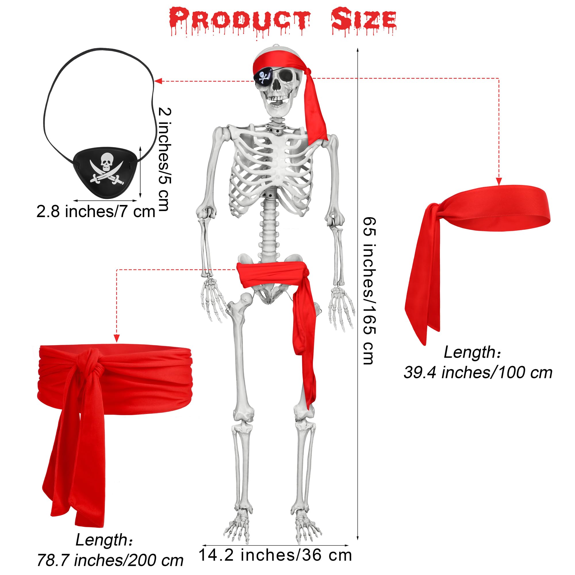 Fovths 5.4Ft/165 cm Pre-Assembled Halloween Skeleton Decoration Life-Size Skeleton Full Body Posable Human Bone with Movable Joints Headband Belt Eye Patch for Halloween Outdoor Yard Haunted House