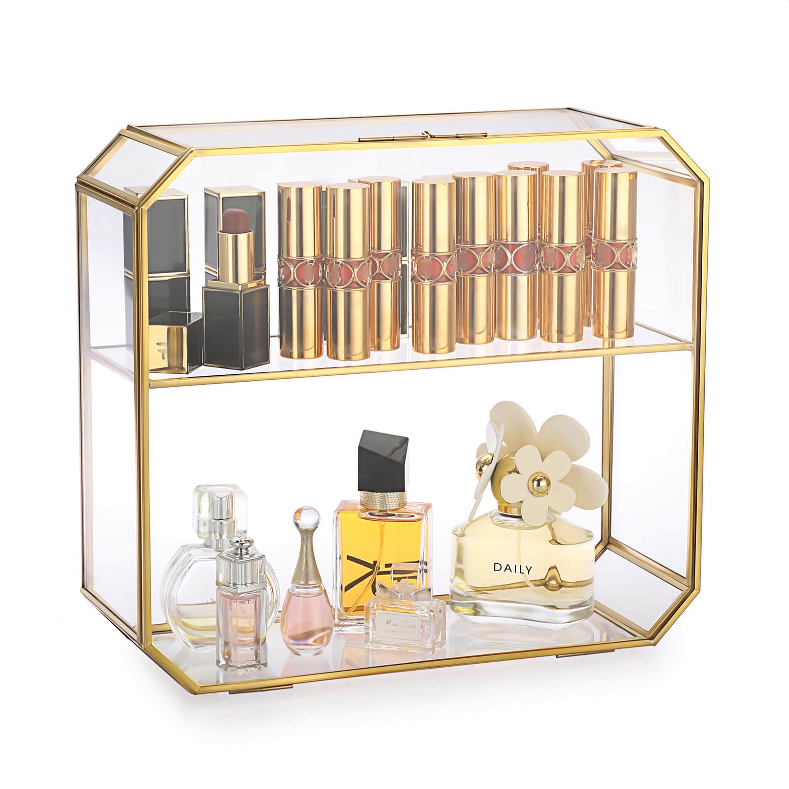 ELLDOO 2 Tier Clear Glass Storage Box, Gold Jewelry Makeup Display Organizer Case, Decorative Tower Box Storage for Trinket Perfume Lipstick Figure Statue Toy Display