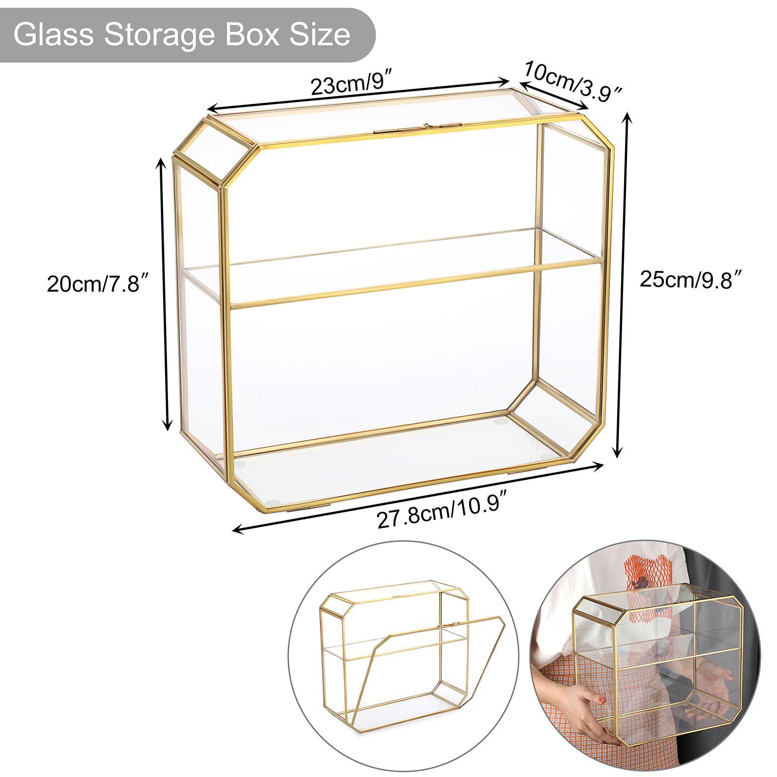 ELLDOO 2 Tier Clear Glass Storage Box, Gold Jewelry Makeup Display Organizer Case, Decorative Tower Box Storage for Trinket Perfume Lipstick Figure Statue Toy Display