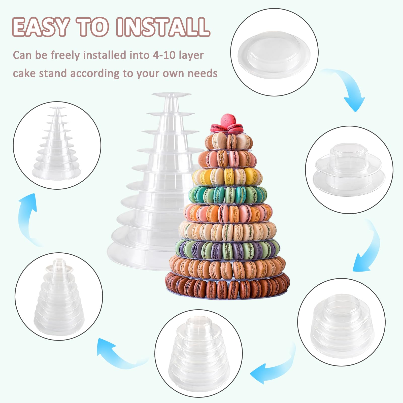 10 Tiers Round Macaron Tower Stand Plastic Transparent Cake Stand Macaron Display Rack Desserts Cupcake Holder Platter for Baby Shower, Birthday Party, Wedding, Party Decor