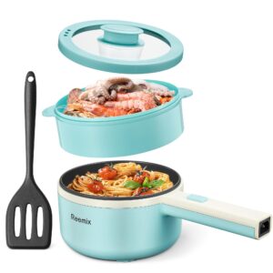 reemix hot pot electric with steamer, 1.6l ramen cooker non-stick sauté pan for steak, egg, fried rice, ramen, oatmeal, soup, portable personal hot pot perfect suit for dorm room and apartment (aqua)