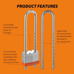 Padlock with Key, WULALACK 2 inch Wide Laminated Steel Keyed Padlock with Adjustable Shackle, Long Shackle Pad Lock with 2 Keys