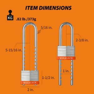 Padlock with Key, WULALACK 2 inch Wide Laminated Steel Keyed Padlock with Adjustable Shackle, Long Shackle Pad Lock with 2 Keys