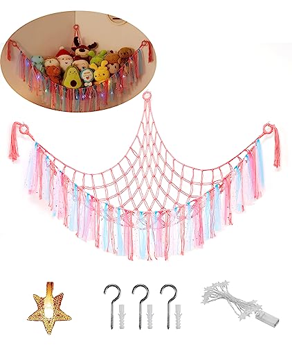 Kopduki 59 in Stuffed Animal Hammock with Stars-Light, Stuffed Animal Storage, Teddy Bear Hammock with Tassel & Hooks for Nursery Room, Corner Mesh Toy Hammock for Stuffed Animals for Playroom