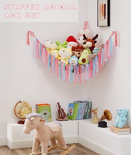 Kopduki 59 in Stuffed Animal Hammock with Stars-Light, Stuffed Animal Storage, Teddy Bear Hammock with Tassel & Hooks for Nursery Room, Corner Mesh Toy Hammock for Stuffed Animals for Playroom