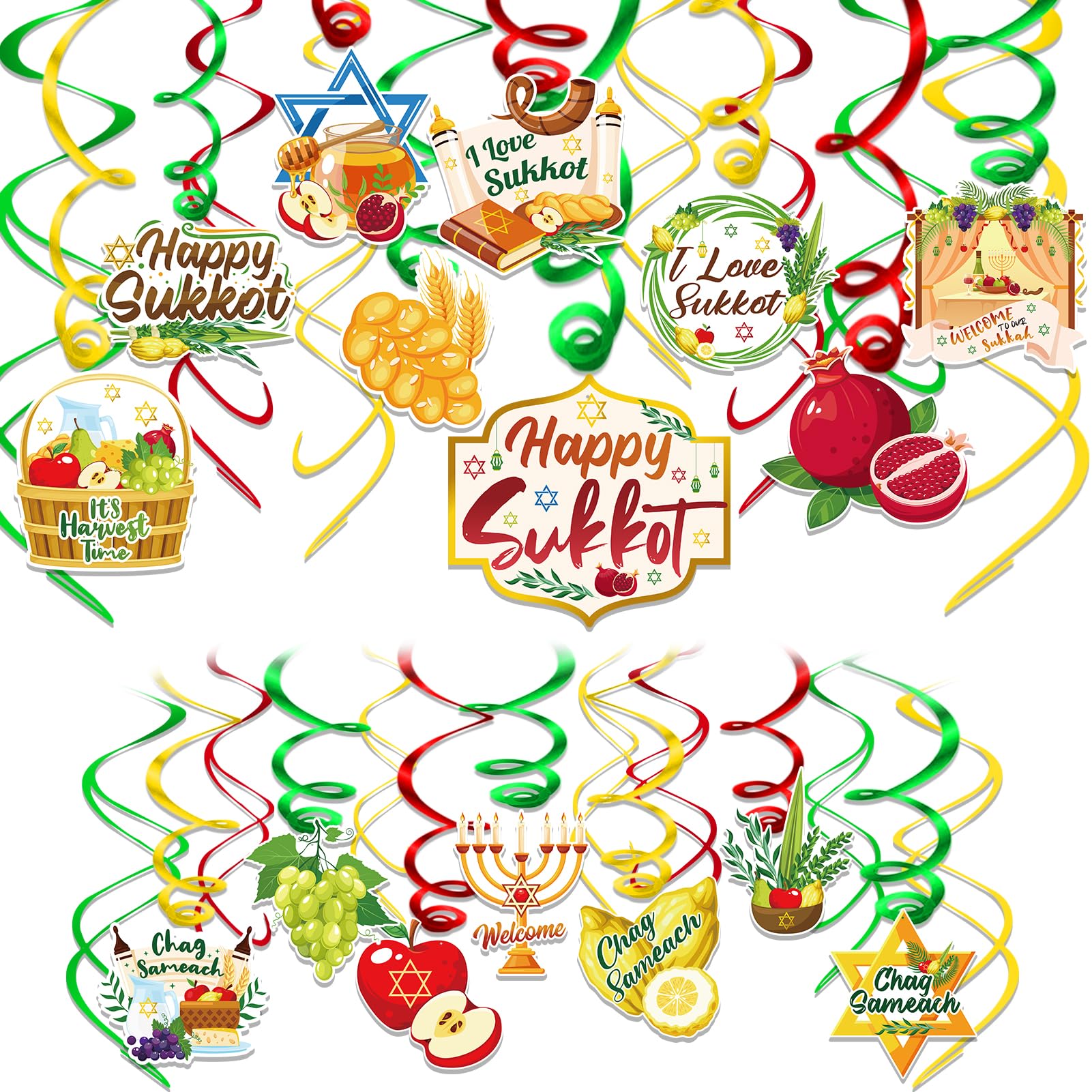 HOWAF 30pcs Happy Sukkot Hanging Swirls, Happy Sukkot Party Decoration Foil Swirls, I Love Sukkot Ceiling Swirls, Chag Sameach Harvest Hanging Streamer for Jewish Festival Holiday Party Supplies