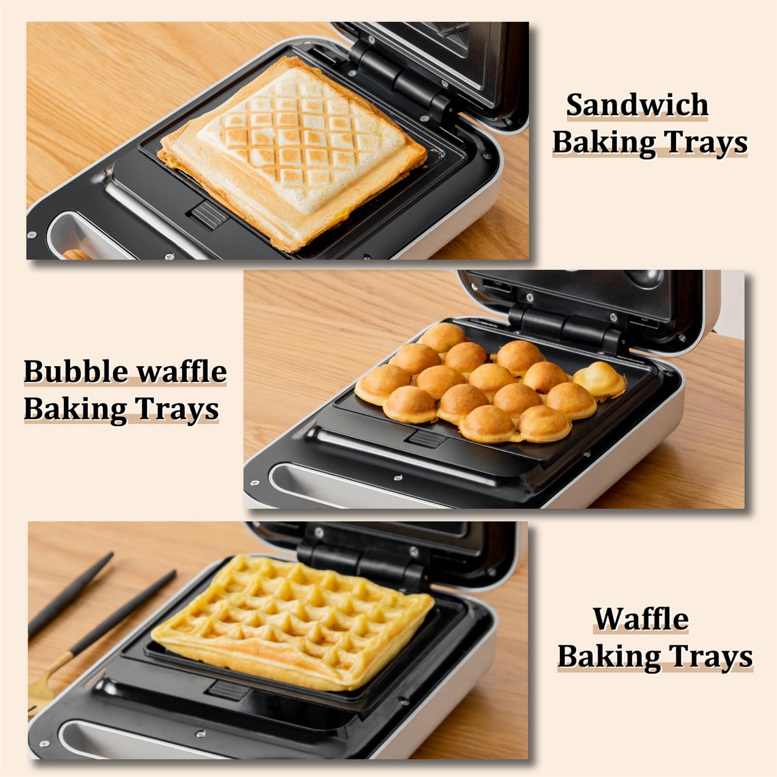 White 3 in 1 timing Sandwich Maker with Non-Stick Plates Indicator Lights and Lock Feature 600W Electric Panini Press, Pizza Pockets, Quesadillas, Waffle Breakfast Grilled Cheese Egg Bacon