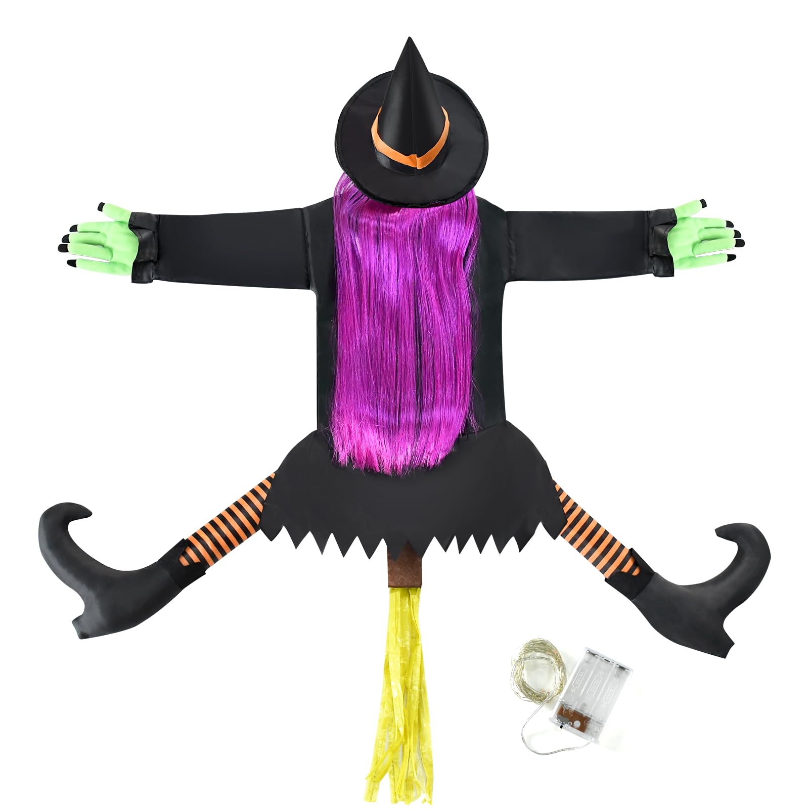 Crashing Witch into Tree for Halloween Decoration，Hanging Halloween Witch Props with Light String for Outdoor Tree Porch Garden Patio Halloween Decor Party Supplies (LED Crashing Witch)