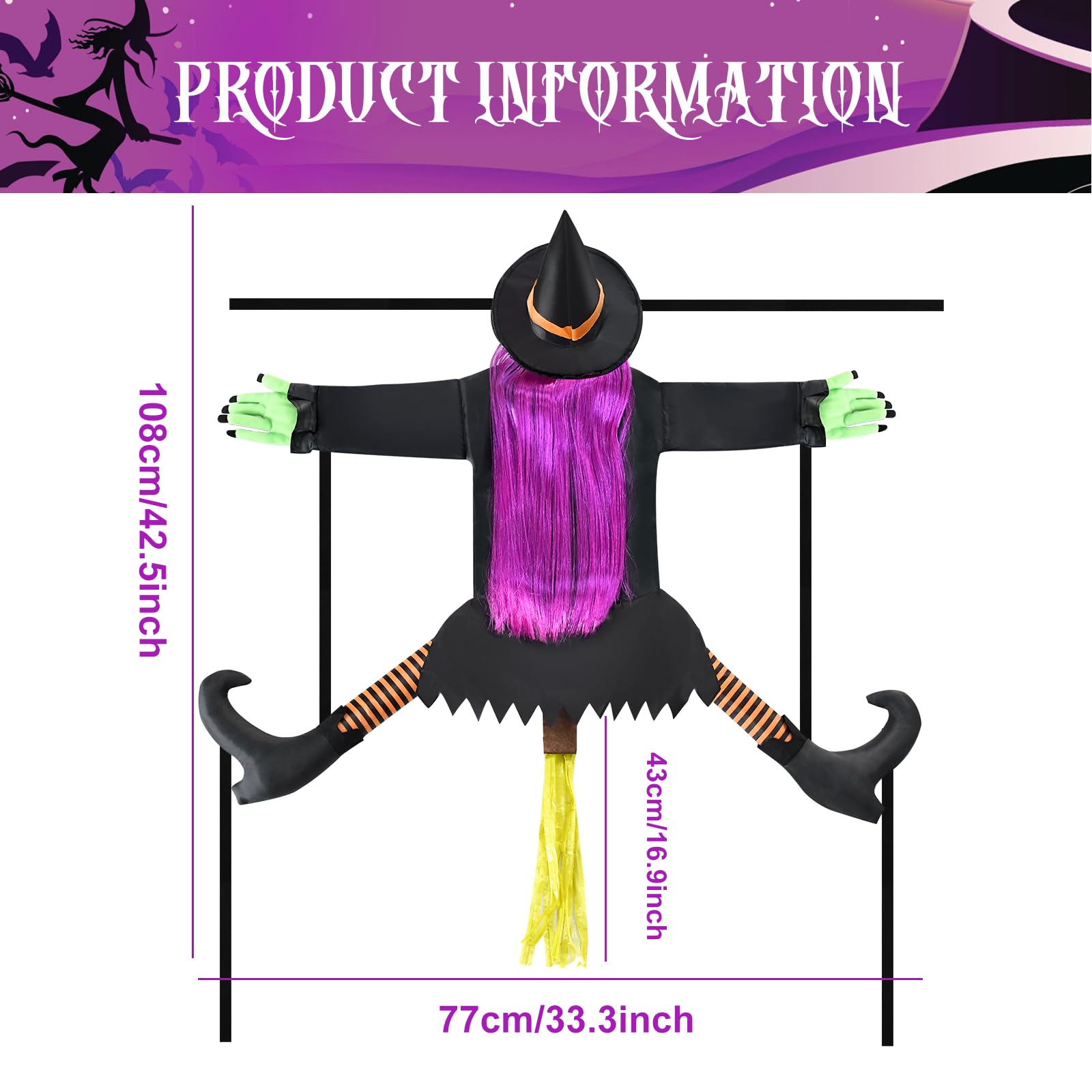 Crashing Witch into Tree for Halloween Decoration，Hanging Halloween Witch Props with Light String for Outdoor Tree Porch Garden Patio Halloween Decor Party Supplies (LED Crashing Witch)