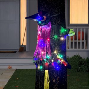 Crashing Witch into Tree for Halloween Decoration，Hanging Halloween Witch Props with Light String for Outdoor Tree Porch Garden Patio Halloween Decor Party Supplies (LED Crashing Witch)