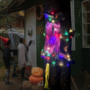 Crashing Witch into Tree for Halloween Decoration，Hanging Halloween Witch Props with Light String for Outdoor Tree Porch Garden Patio Halloween Decor Party Supplies (LED Crashing Witch)