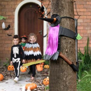 Crashing Witch into Tree for Halloween Decoration，Hanging Halloween Witch Props with Light String for Outdoor Tree Porch Garden Patio Halloween Decor Party Supplies (LED Crashing Witch)