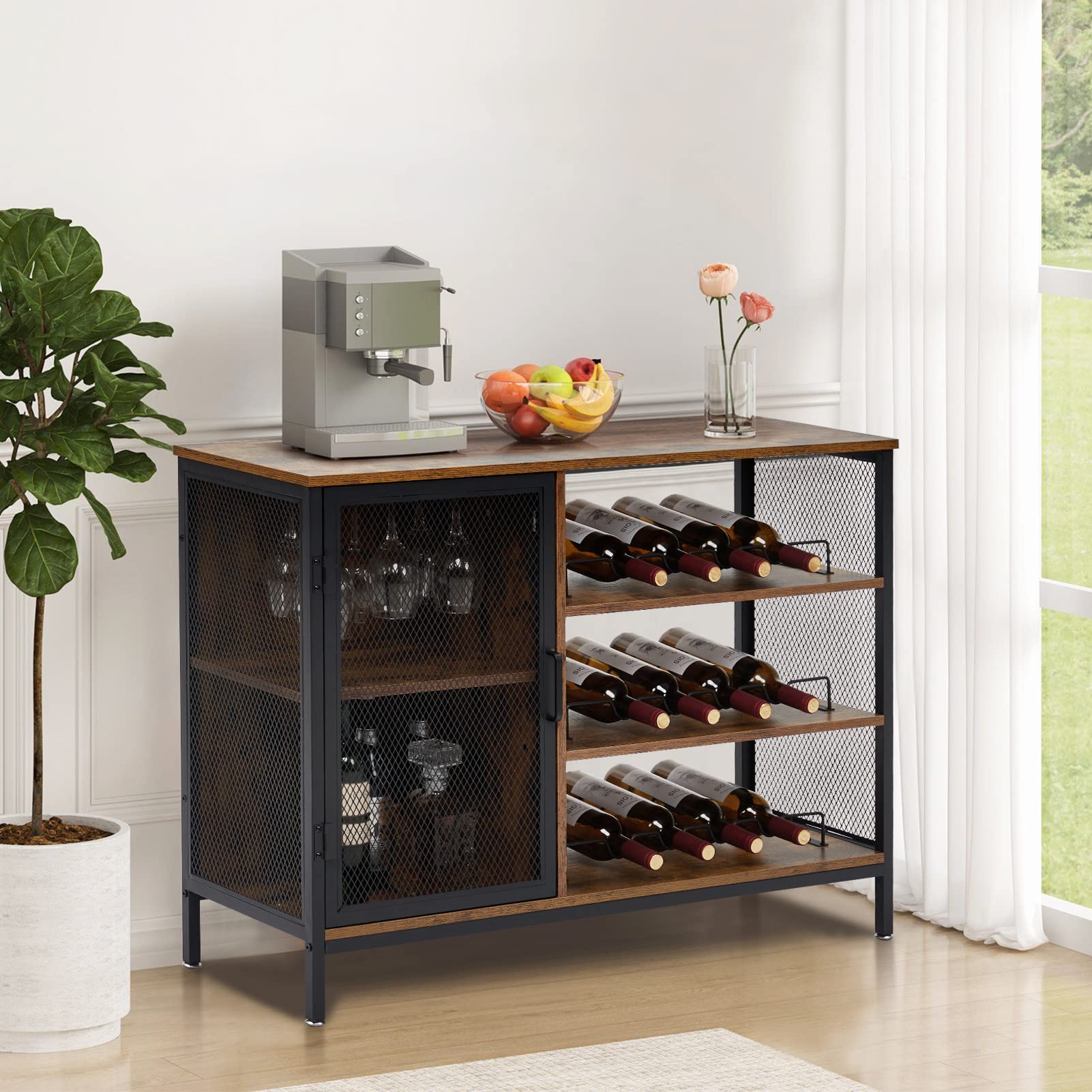 Fashionwu 42 Inches Wine Cabinet with Storage Shelf, Industrial Bar Cabinet with Removable Wine Rack and Glass Holder, Wood Freestanding Wine Rack Cabinet for Liquor and Glasses(Brown)