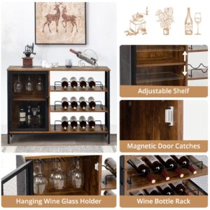 Fashionwu 42 Inches Wine Cabinet with Storage Shelf, Industrial Bar Cabinet with Removable Wine Rack and Glass Holder, Wood Freestanding Wine Rack Cabinet for Liquor and Glasses(Brown)