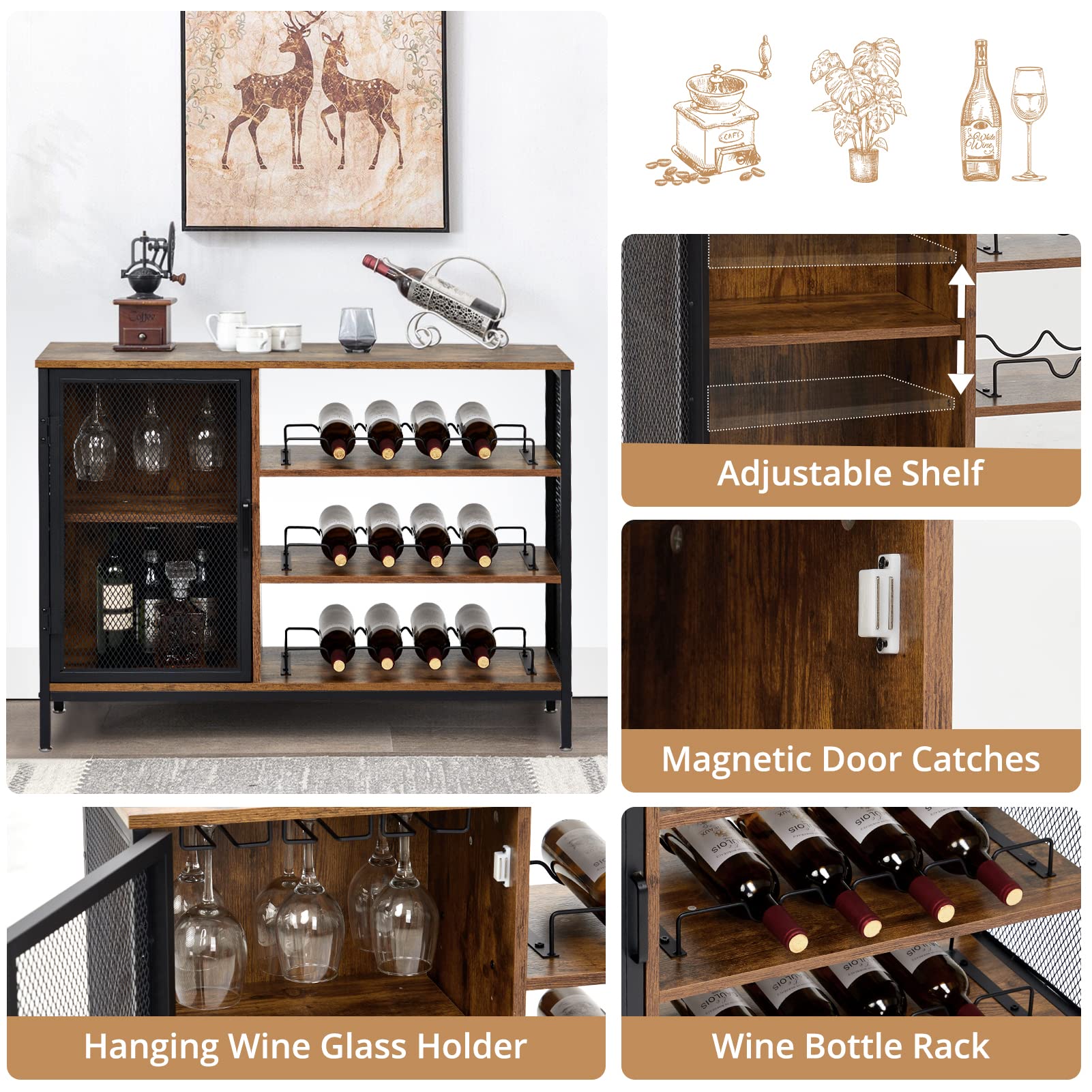 Fashionwu 42 Inches Wine Cabinet with Storage Shelf, Industrial Bar Cabinet with Removable Wine Rack and Glass Holder, Wood Freestanding Wine Rack Cabinet for Liquor and Glasses(Brown)