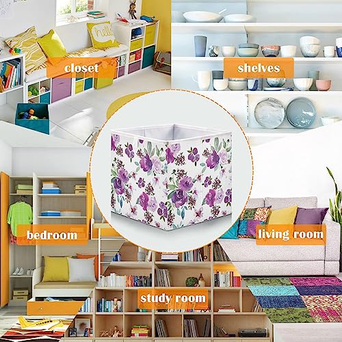 Kigai Purple Flowers Cube Storage Bins - 11x11x11 In Large Foldable Storage Basket Fabric Storage Baskes Organizer for Toys, Books, Shelves, Closet, Home Decor