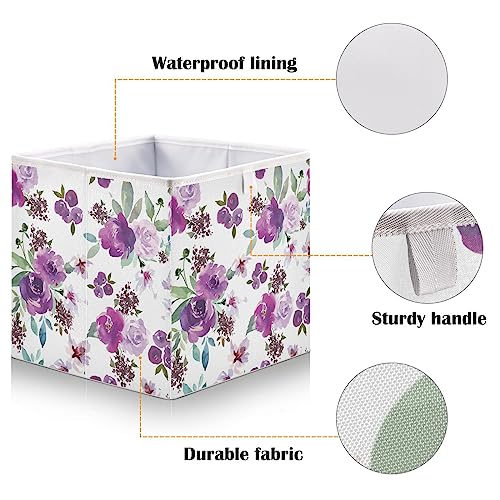 Kigai Purple Flowers Cube Storage Bins - 11x11x11 In Large Foldable Storage Basket Fabric Storage Baskes Organizer for Toys, Books, Shelves, Closet, Home Decor