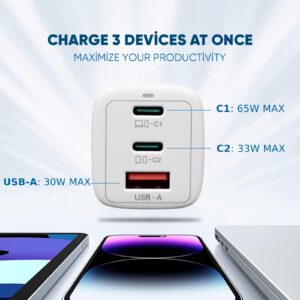 HIMAP 65W USB C Charger, GaN Pro PD Fast Charge Foldable 3 Ports Compatible with iPhone 15,14 Pro, MacBook, Samsung, Laptop, Android Devices (C Cable Included)