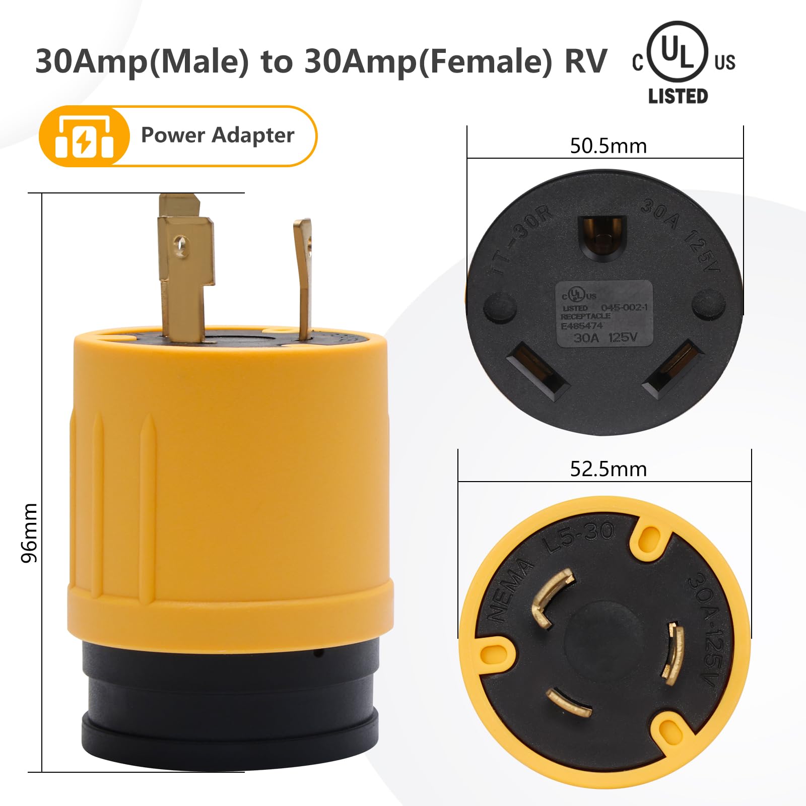 STARELO 30 Amp 3Prong RV Generator Adapter,NEMA L5-30P Twist Lock Male Generator Plug to TT-30R Female RV Outlet.(Yellow)