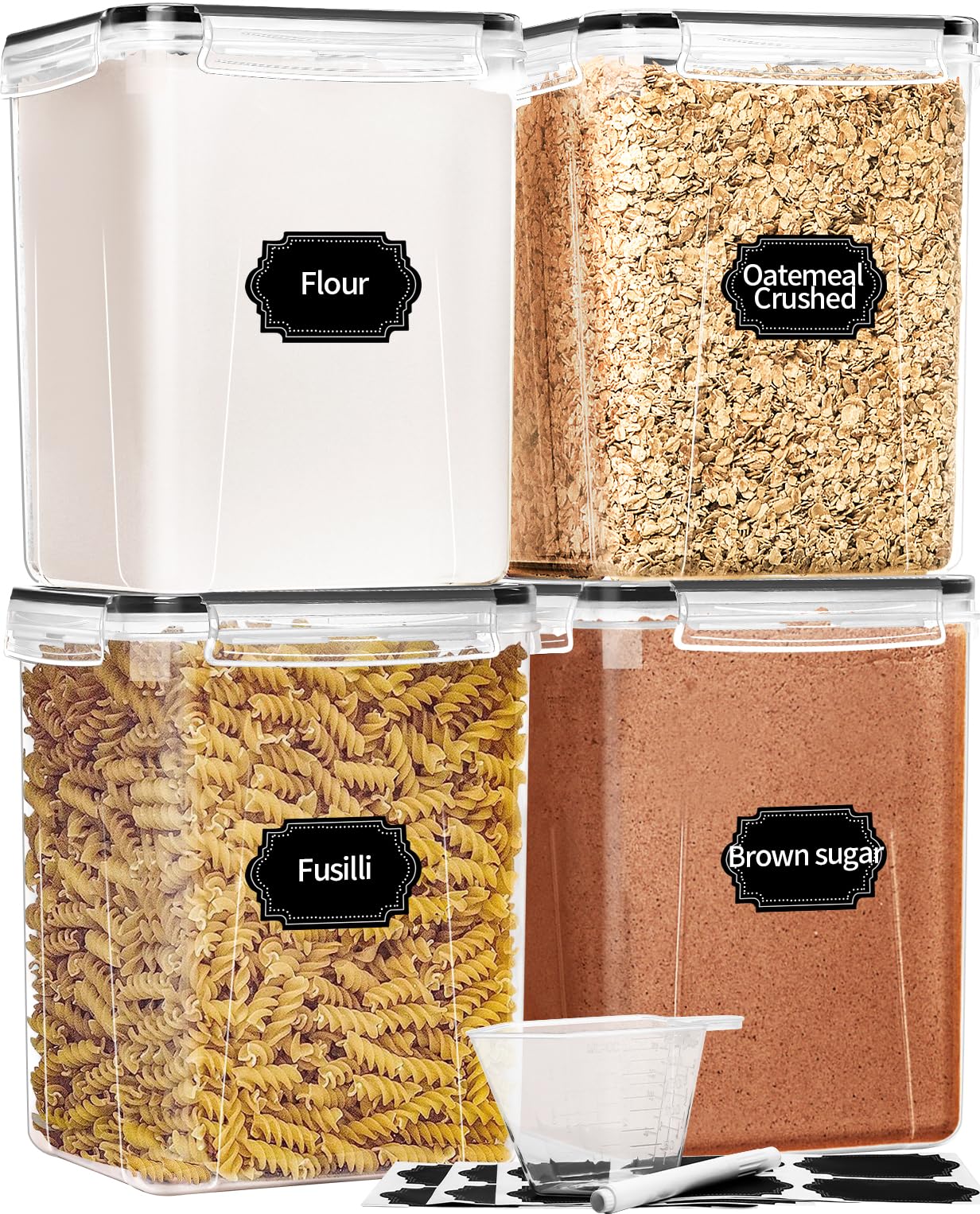 Skroam 4PCS Airtight Food Storage Containers with Lids 5.2L/176oz, Flour Storage Container for Kitchen Pantry Organizers and Storage, Storage Containers for Pantry, Measuring Cup & 20 Labels