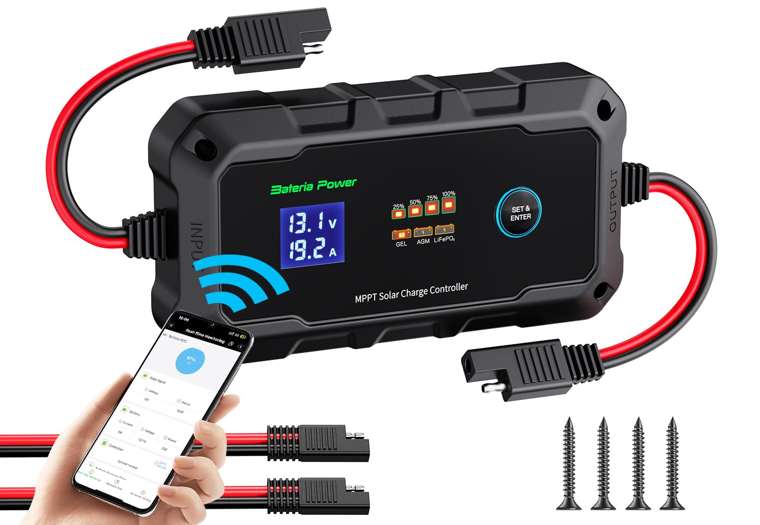 20A 12V/24V MPPT Wireless Solar Charge Controller, Bateria Power Intelligent Solar Panel Regulator 20 Amp BT App Function for 12/24 Volt LiFePO4, Gel, AGM, FLD, SLD, Li Battery (Sunrock 20Pro)