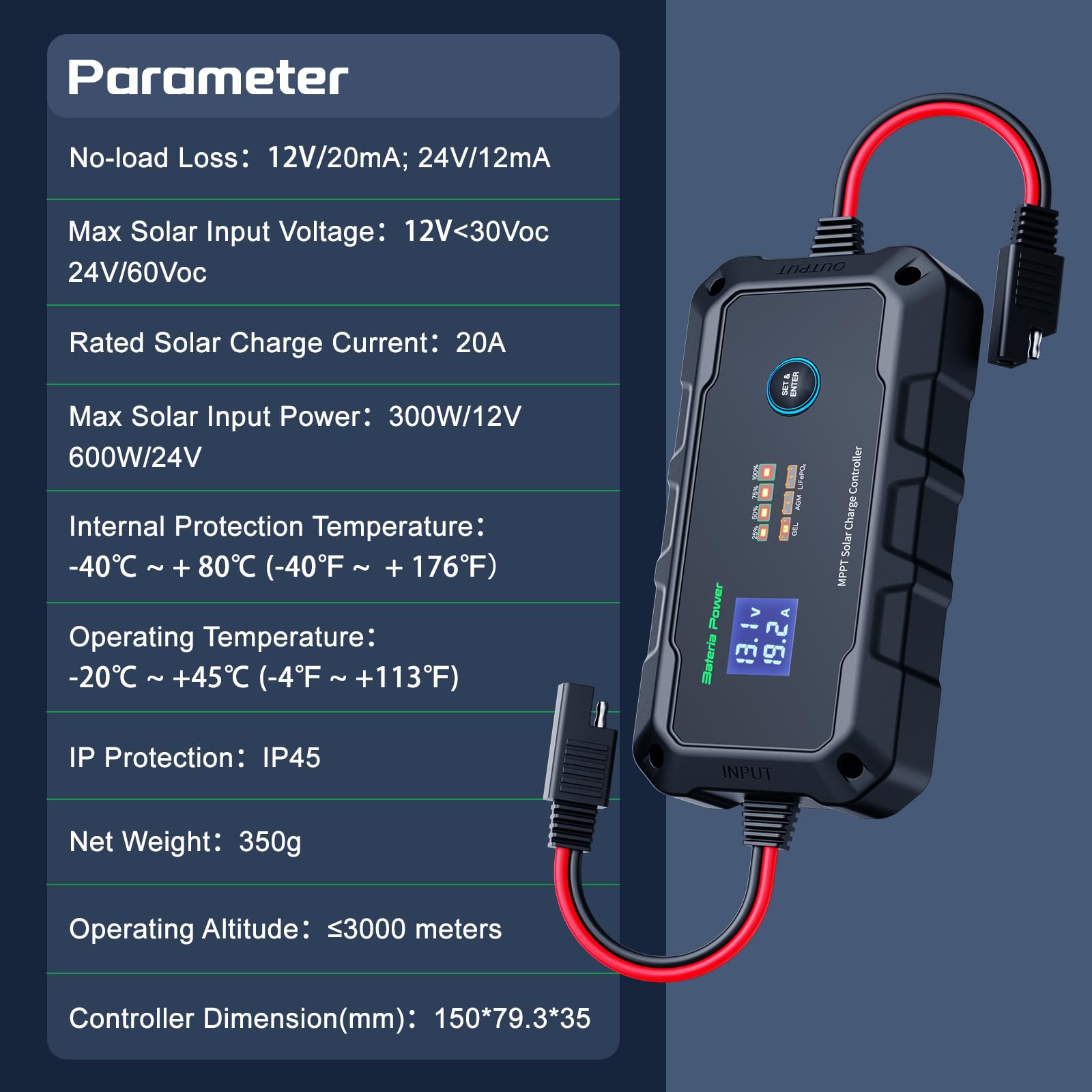 20A 12V/24V MPPT Wireless Solar Charge Controller, Bateria Power Intelligent Solar Panel Regulator 20 Amp BT App Function for 12/24 Volt LiFePO4, Gel, AGM, FLD, SLD, Li Battery (Sunrock 20Pro)