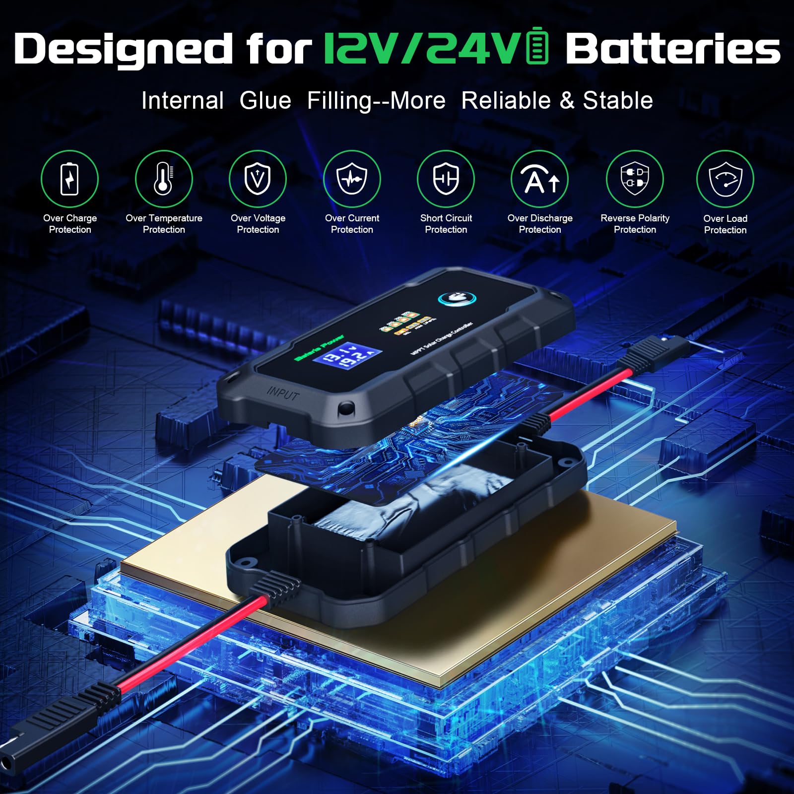 20A 12V/24V MPPT Wireless Solar Charge Controller, Bateria Power Intelligent Solar Panel Regulator 20 Amp BT App Function for 12/24 Volt LiFePO4, Gel, AGM, FLD, SLD, Li Battery (Sunrock 20Pro)