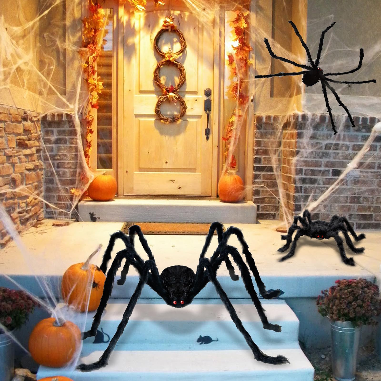 Large Halloween Spiders for Outside, Big Spider Halloween Decorations Realistic Scary Hairy Spiders Halloween Decorations Outdoor (59", 49", 35")