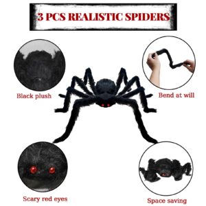 Large Halloween Spiders for Outside, Big Spider Halloween Decorations Realistic Scary Hairy Spiders Halloween Decorations Outdoor (59", 49", 35")