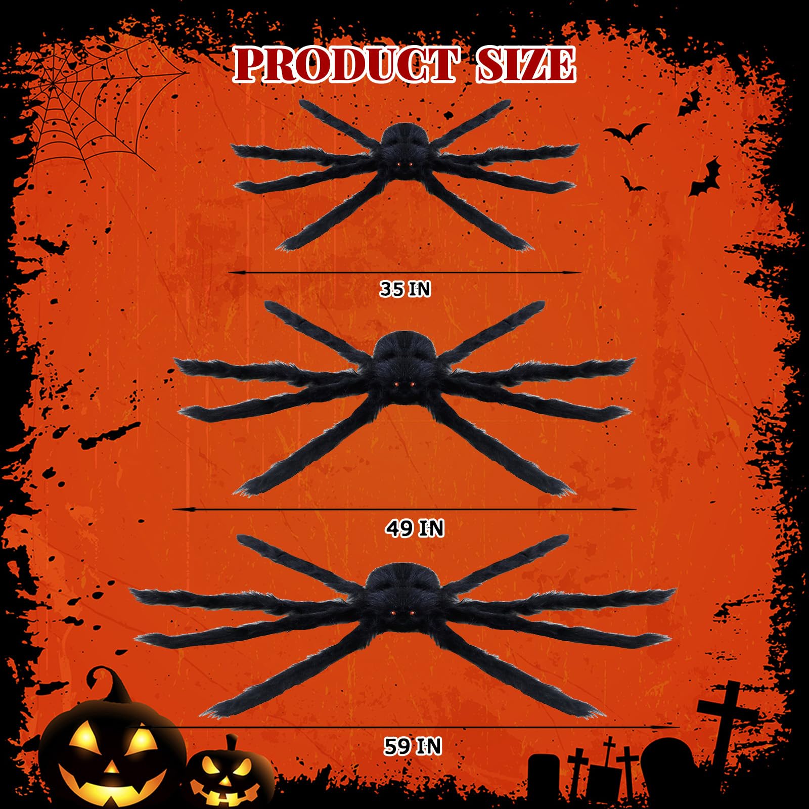 Large Halloween Spiders for Outside, Big Spider Halloween Decorations Realistic Scary Hairy Spiders Halloween Decorations Outdoor (59", 49", 35")