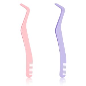 2pcs eyelash tweezers set, stainless steel eyelash extension tweezers with comb false lash application tool for girls women beginners makeup artists (light purple, light pink)