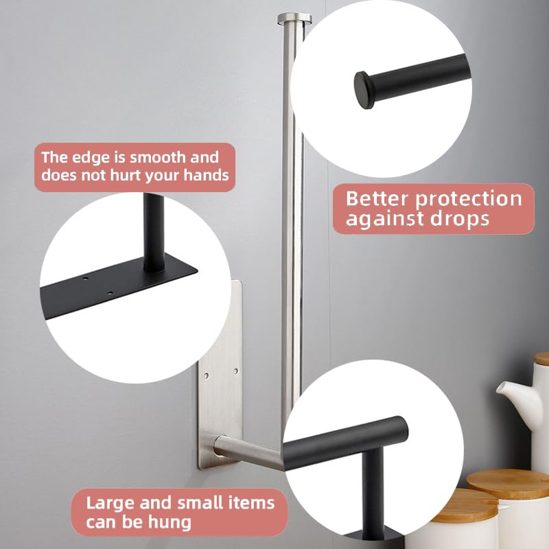 HESOMED Paper Towel Holder Under Cabinet, Single Hand Operable Wall Mount Paper Towel Holder, No Drilling, Adhesive Paper Towel Holder Paper Roll Holders for Kitchen, Bathroom - Black