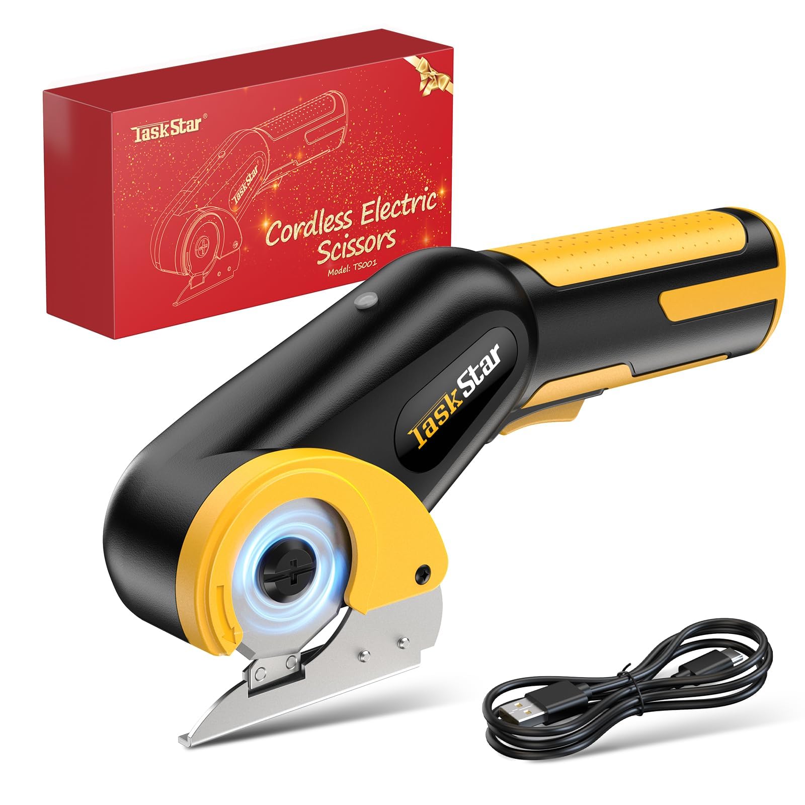 TaskStar Cordless Electric Scissors,4V Electric Box Cutter w/Safety Lock,Storage Bag,&USB Cable,2000 mAh Rotary Cutter for Crafts, Sewing, Cardboard, Carpet, & Scrapbooking